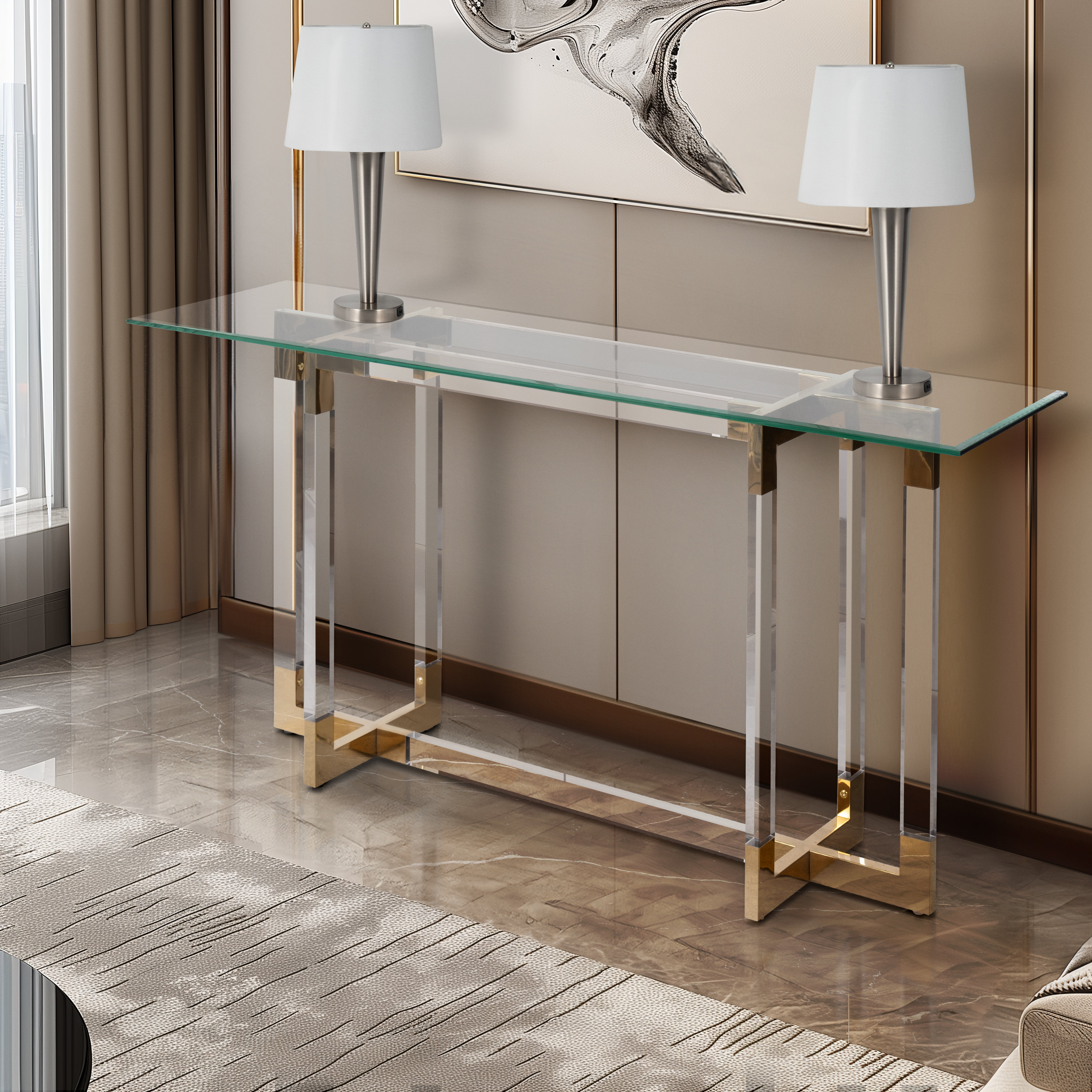 Everly Quinn Arteaga 60" Acrylic Console Table, Chic Metal and Glass Accents, Modern Home ...